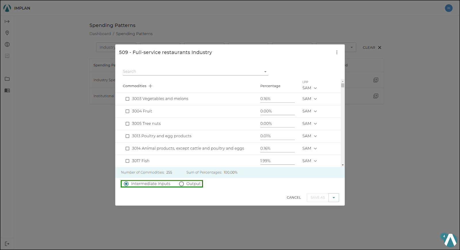 Custom Spending Pattern – IMPLAN - Support